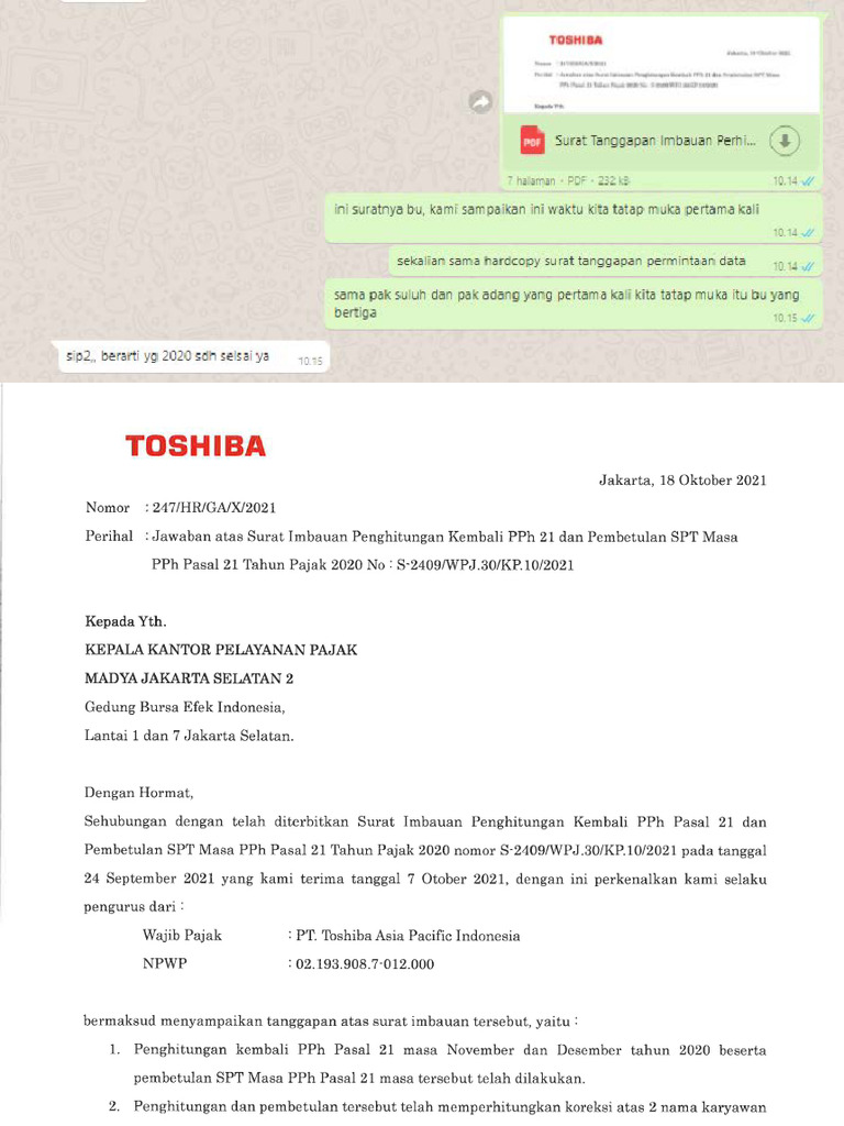 Surat Tanggapan Imbauan Perhitungan PPH 21 | PDF