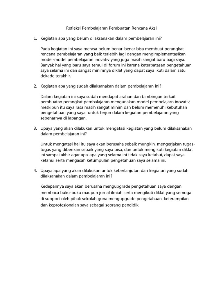 Refleksi Pembelajaran Pembuatan Rencana Aksi | PDF | Karier & Perkembangan