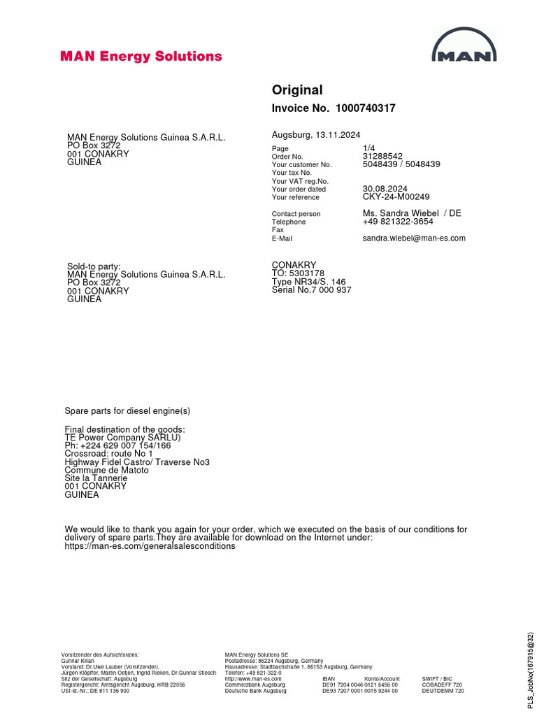 Invoice for Diesel Engine Parts | PDF