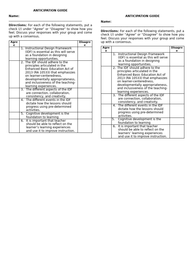 Worksheet - Instructional Design Framework - Anticipation Guide ...