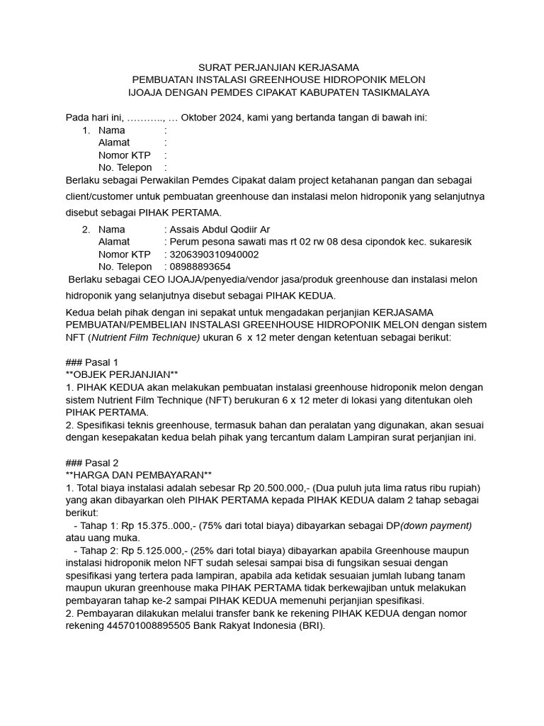 Contoh Surat Perjanjian Kerjasama Pembuatan Greenhouse Hidroponik | PDF ...