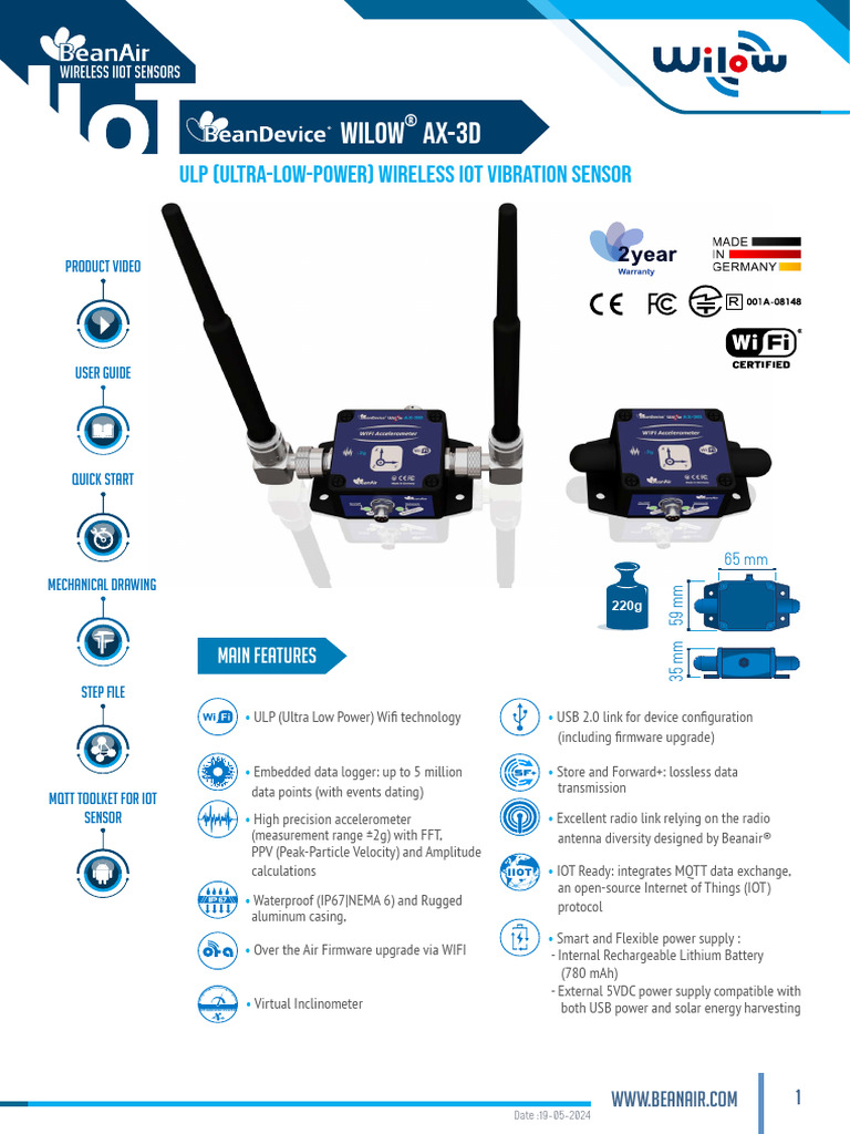 Datasheet Wifi Accelerometer Beandevice Wilow AX 3D | PDF | Wi Fi ...