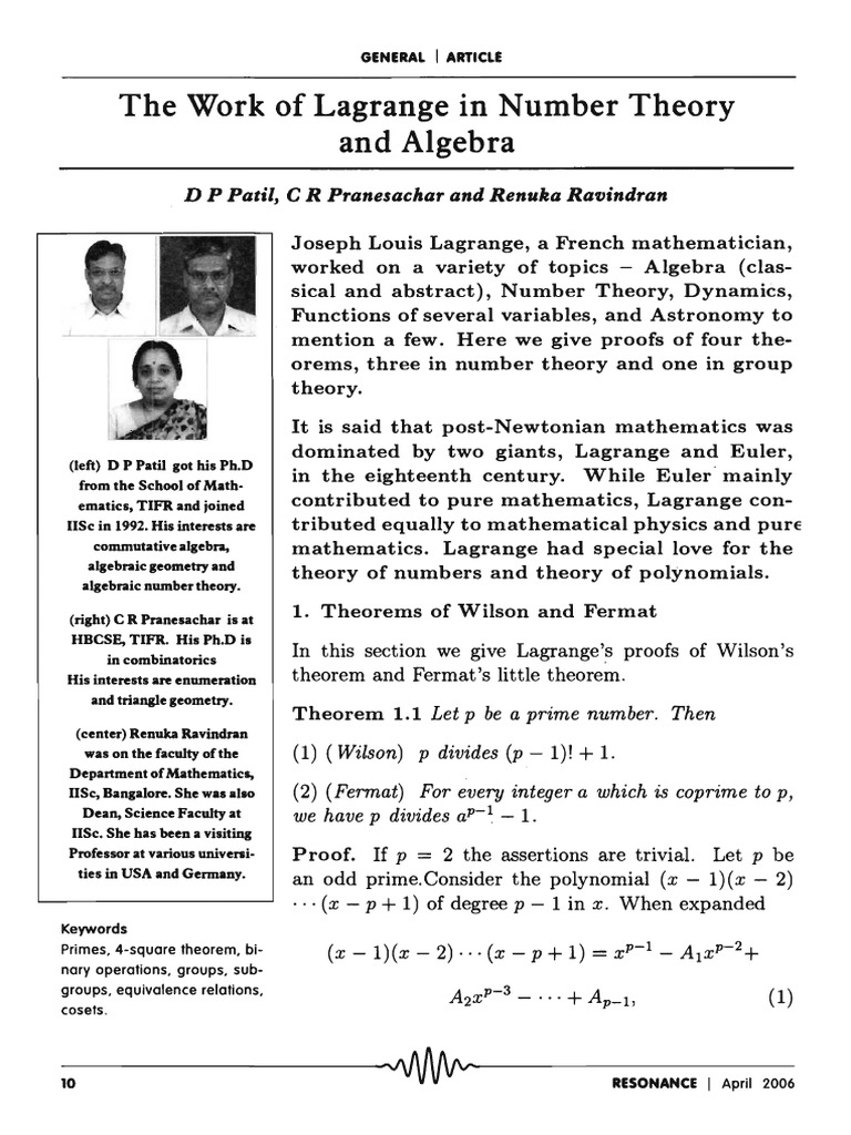The Work of Lagrange in Number Theory and Algebra | PDF | Mathematics | Number Theory