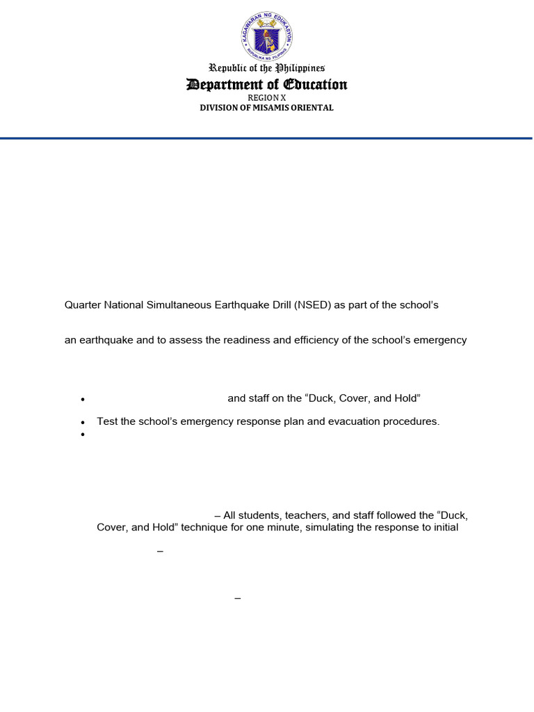 4th Quarter NSED Earthquake Drill Report Saray ES | PDF