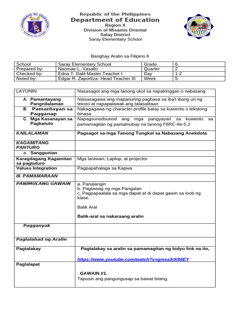 Filipino6 Lesson Plan Q2W5 | PDF