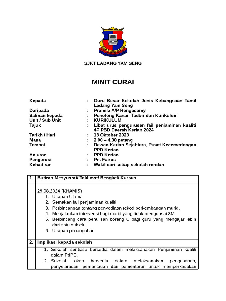 Minit Curai PBD SJKT Ladang Yam Seng | PDF