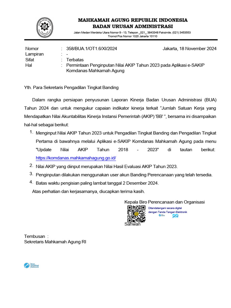 Permintaan Penginputan Nilai AKIP Tahun 2023 Pada Aplikasi e-SAKIP ...
