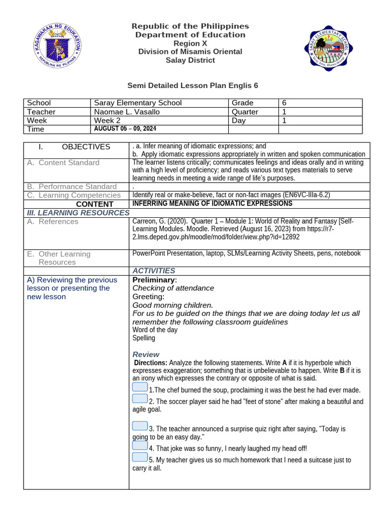 Lesson Plan English6 Q1W2 | PDF | Idiom