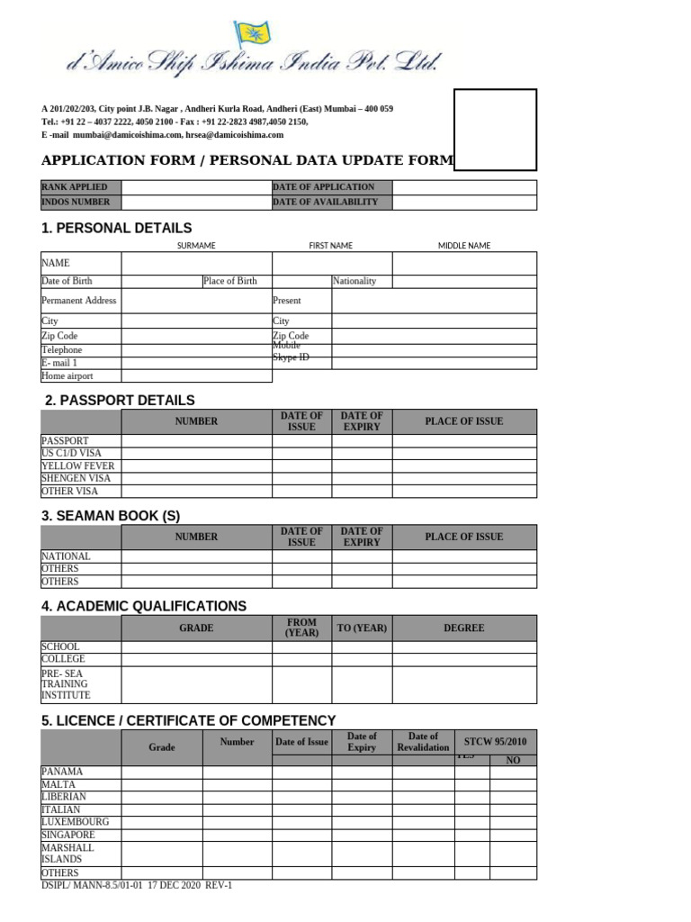 D'Amico Ship Ishima Application Form | PDF | Shipping