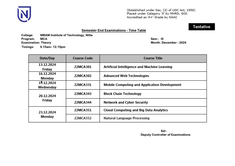 MCA III Semester - TIME TABLE - SEE - Dec 2024 | PDF | Computing ...