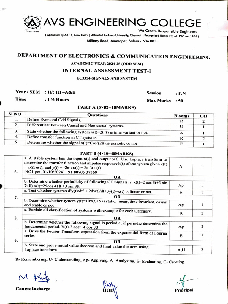 Signals and Systems - Internal Question Paper | PDF | Laplace Transform ...