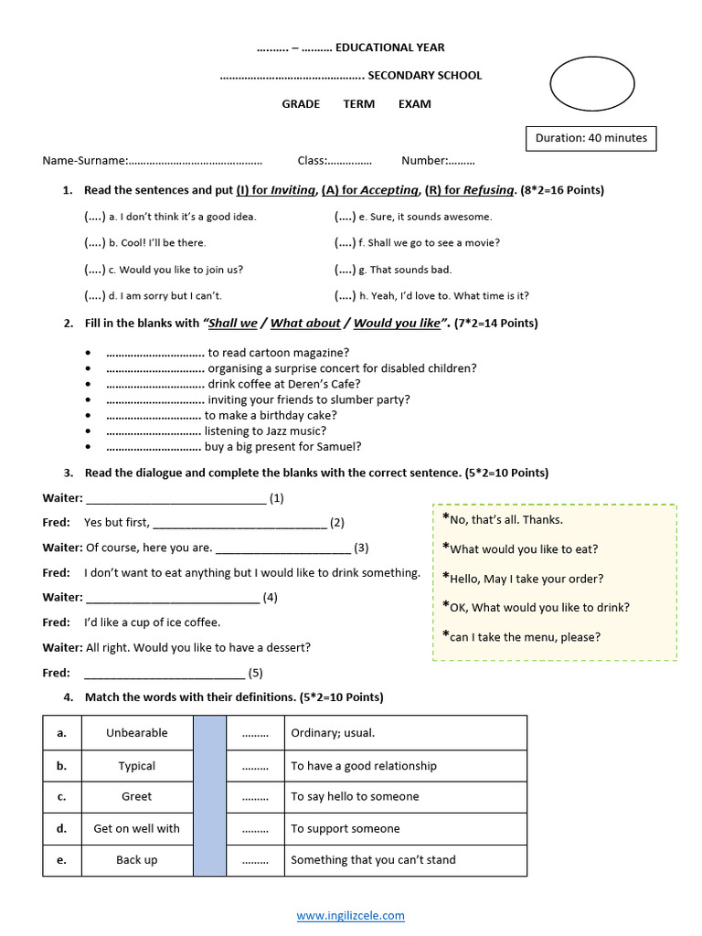 8 Sinif Ingilizce 1 Donem 1 Sinav Ornek 1 | PDF | Pancake | Cuisine