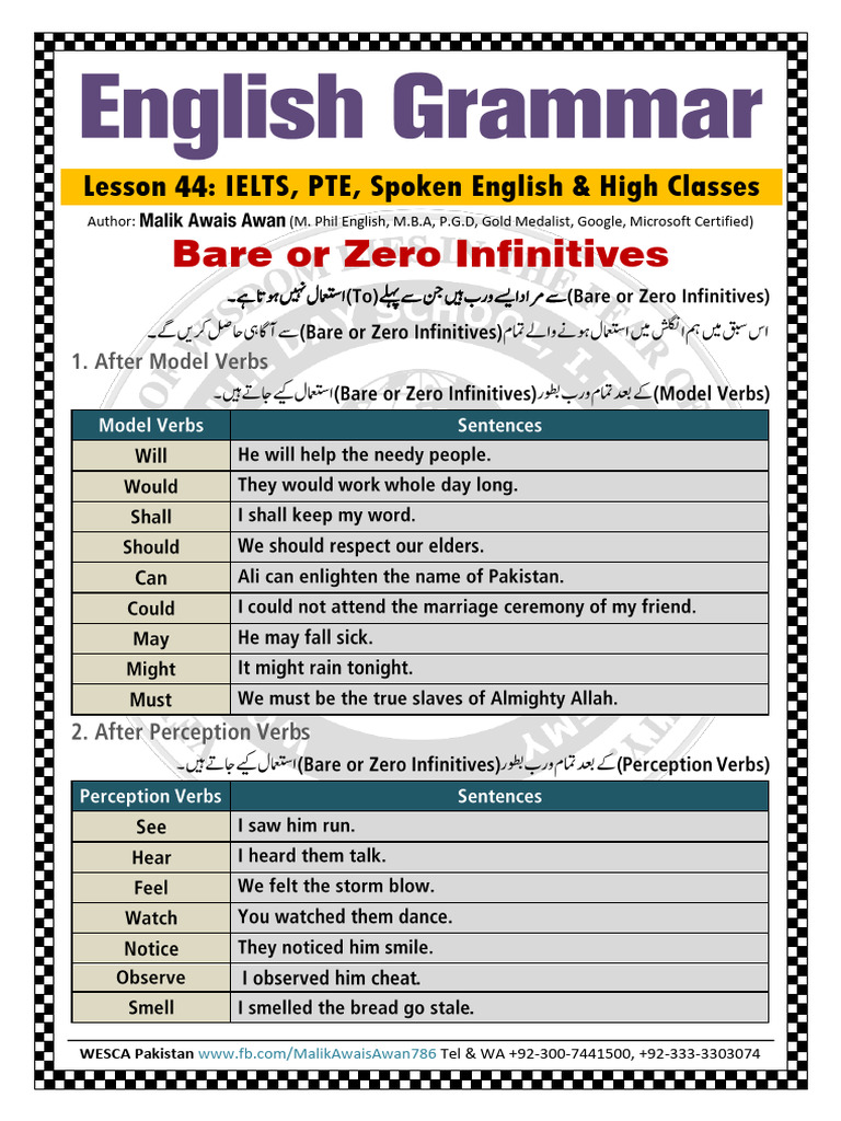 Lesson 44 (Bare or Zero Infinitives) | PDF