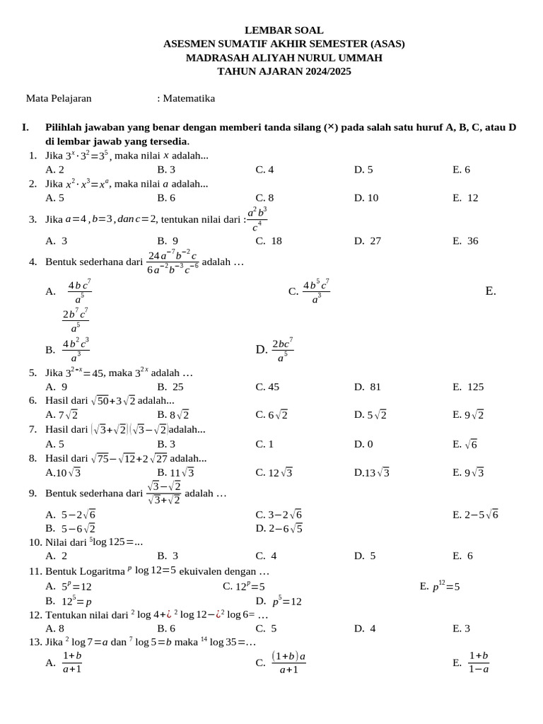 Soal Asas Matematika Kelas X | PDF
