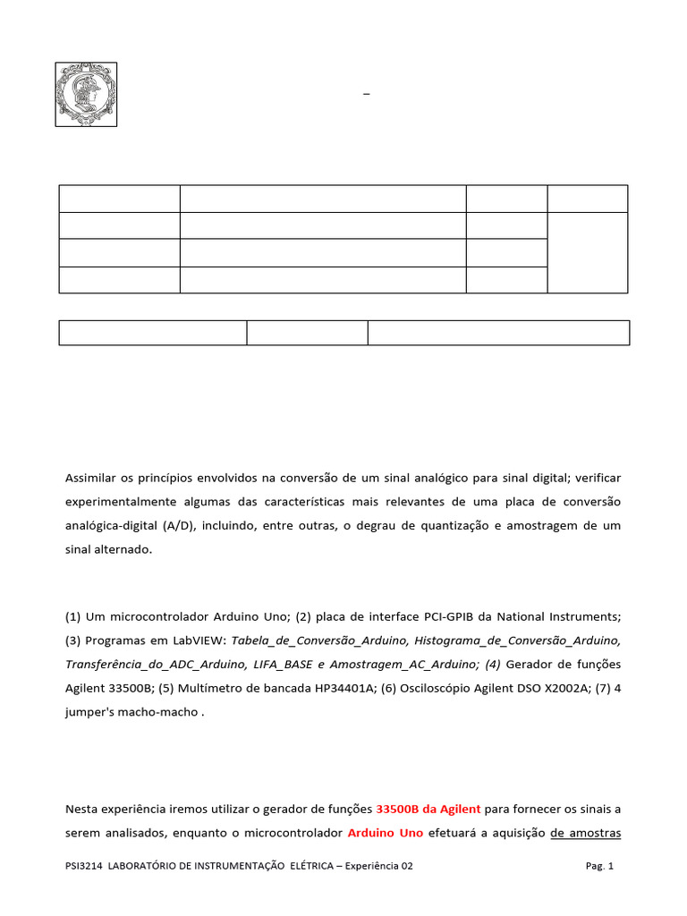 PSI3214 Exp02 Guia Experimental e Relatorio Converao AD 2024 v1 | PDF | Arduino | Frequência