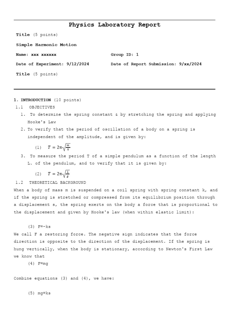 Simple Harmonic Motion Lab Report | PDF | Oscillation | Pendulum