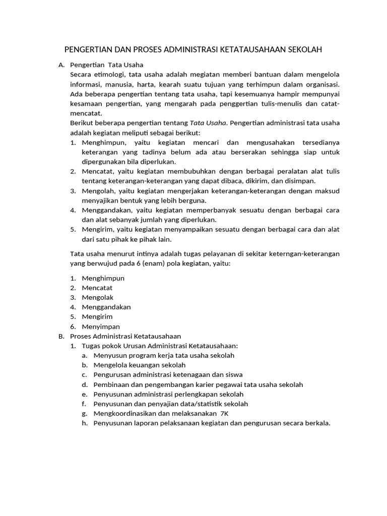 Pengertian Dan Proses Administrasi Ketatausahaan Sekolah | PDF