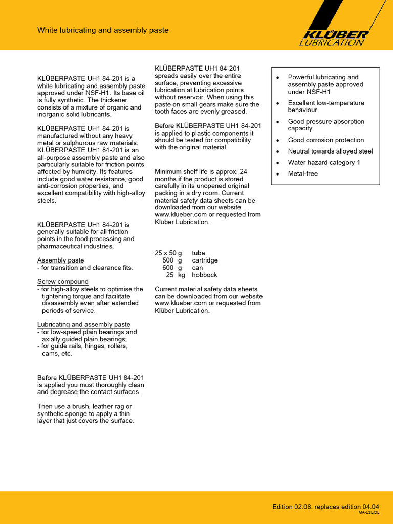 Klueberpaste UH1 84 201-En | PDF | Lubricant | Bearing (Mechanical)