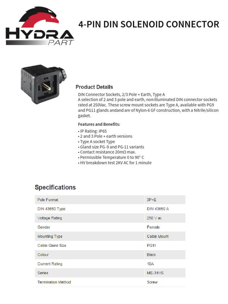 HP-3P-E-DIN43650A 4 PIN Solenoid Connector | PDF