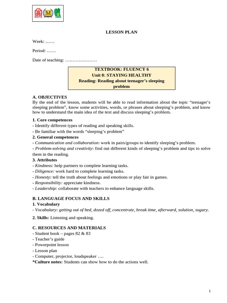 Fluency 6: Teenagers' Sleep Issues Lesson | PDF | Teachers | Vocabulary
