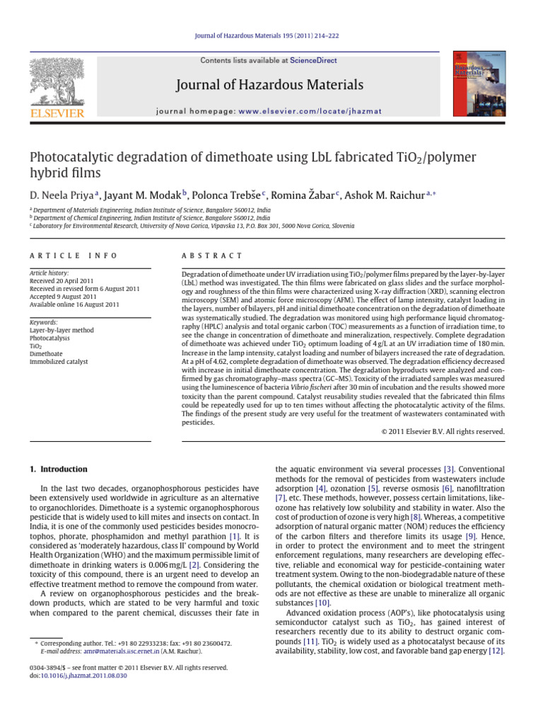 Photocatalytic Degradation of Dimethoate Using LBL Fabricated TiO2polymer | PDF | Thin Film ...