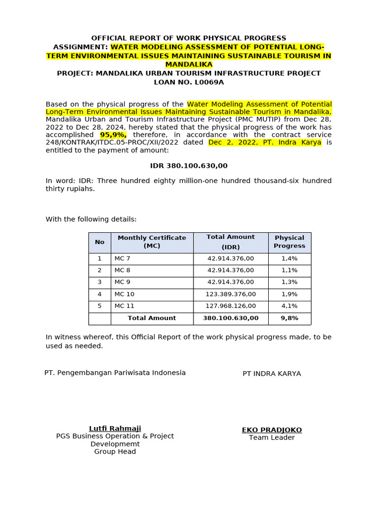 FORMAT BERTIA ACARA PROGRESS FISIK PEKERJAAN - (Indra Karya) | PDF | Technology & Engineering