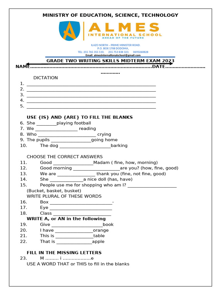 Grade 2 English Writing Skills Exam | PDF