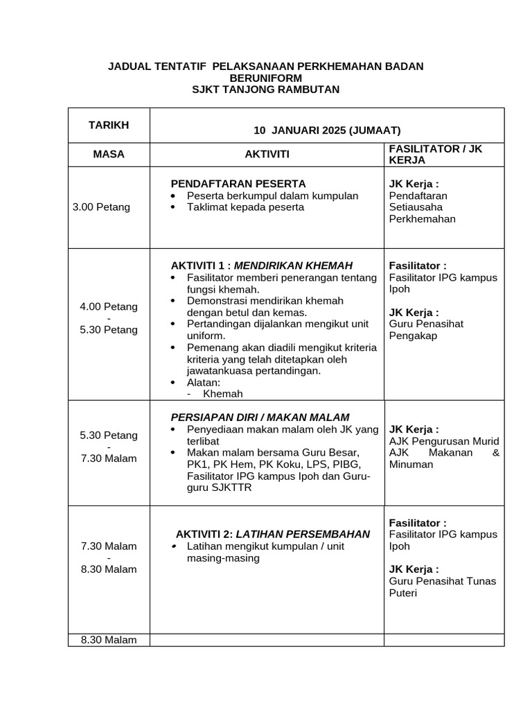 Jadwal Perkemahan SJKT Tanjong Rambutan 2025 | PDF