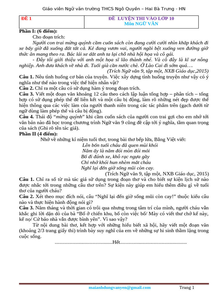 50 de On Thi Vao 10 Ngu Van Co Dap An | PDF