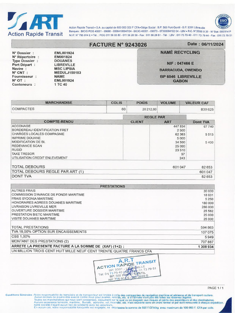 Facture 026 - ART TRANSIT - 1 308 934 | PDF