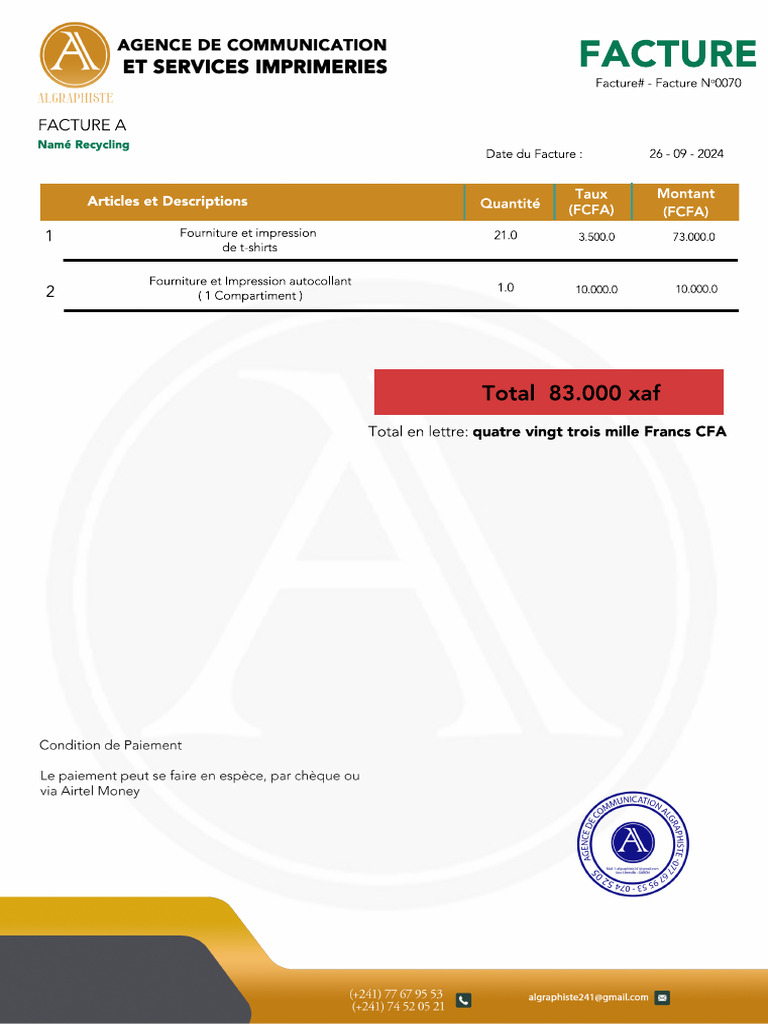 Facture 0070 - ALGRAPHISTE - AUTOCOLLANT-83000 | PDF