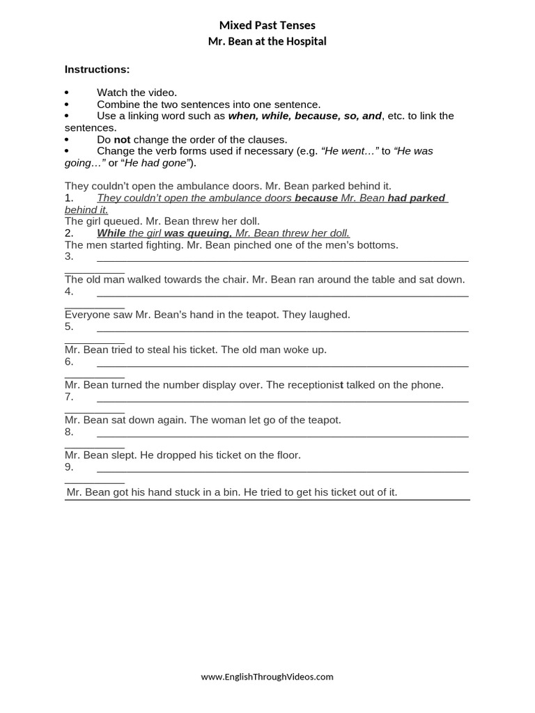 Mixed Past Tenses MR Bean Video Activity Fun Activities Games Picture ...