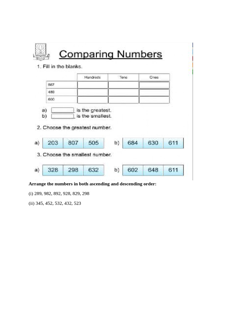 Arrange The Numbers in Both Ascending and Descending Order | PDF ...