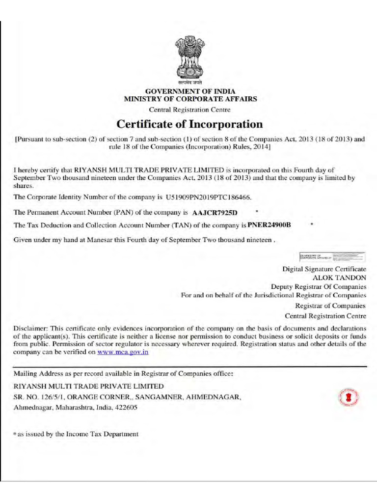 Incorporation Certificate | PDF