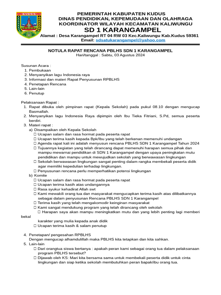 Notulen Rapat PBLHS SD 1 Karangampel | PDF | Kesehatan Holistik