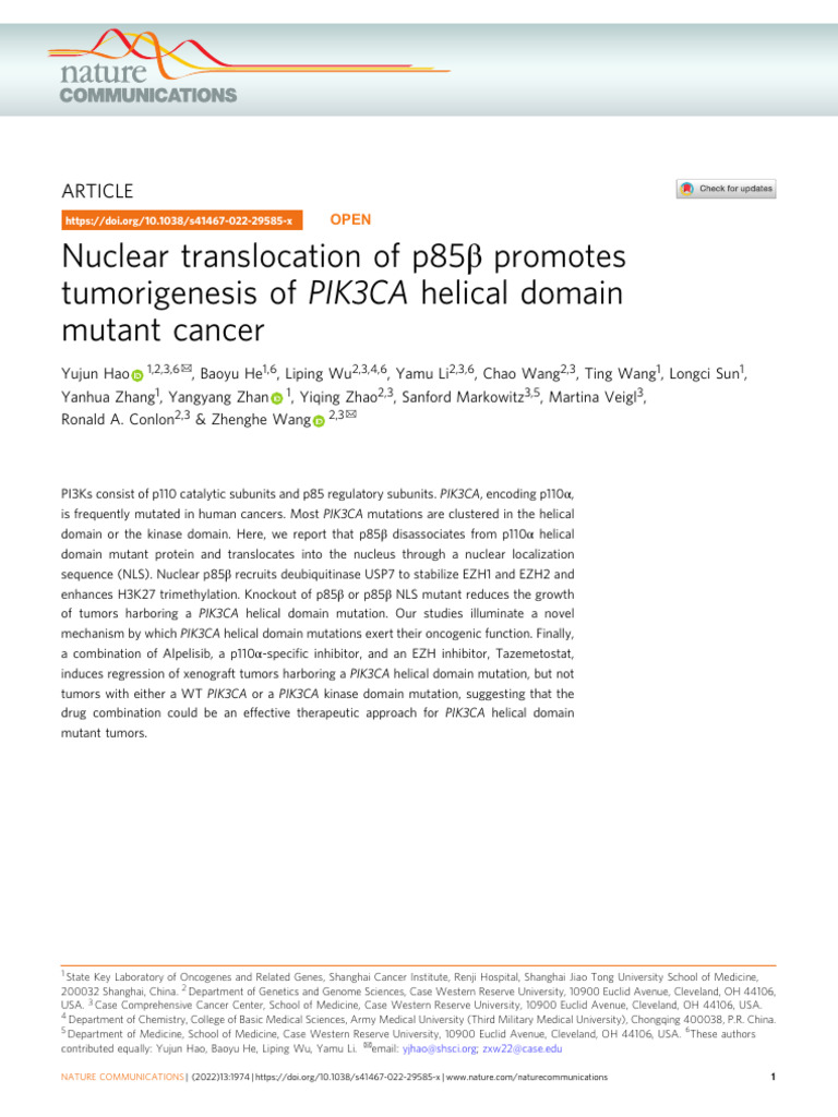 Nuclear translocation of p85β promotes tumorigenesis of PIK3CA helical ...