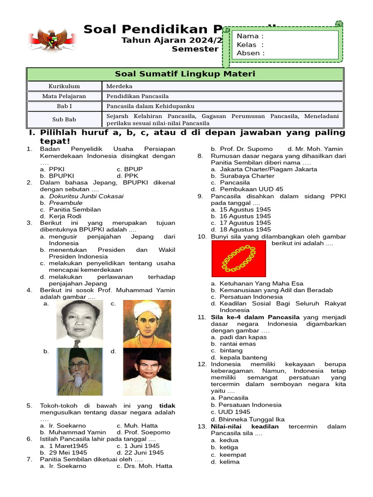 Soal PKN - BAB 1 Sejarah Pancasila - SMT 1 | PDF