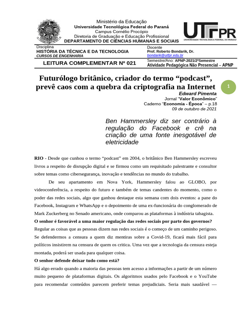 HTTec-Leitura n.021 - Futurologo Britânico - Futuro Da Internet | PDF ...