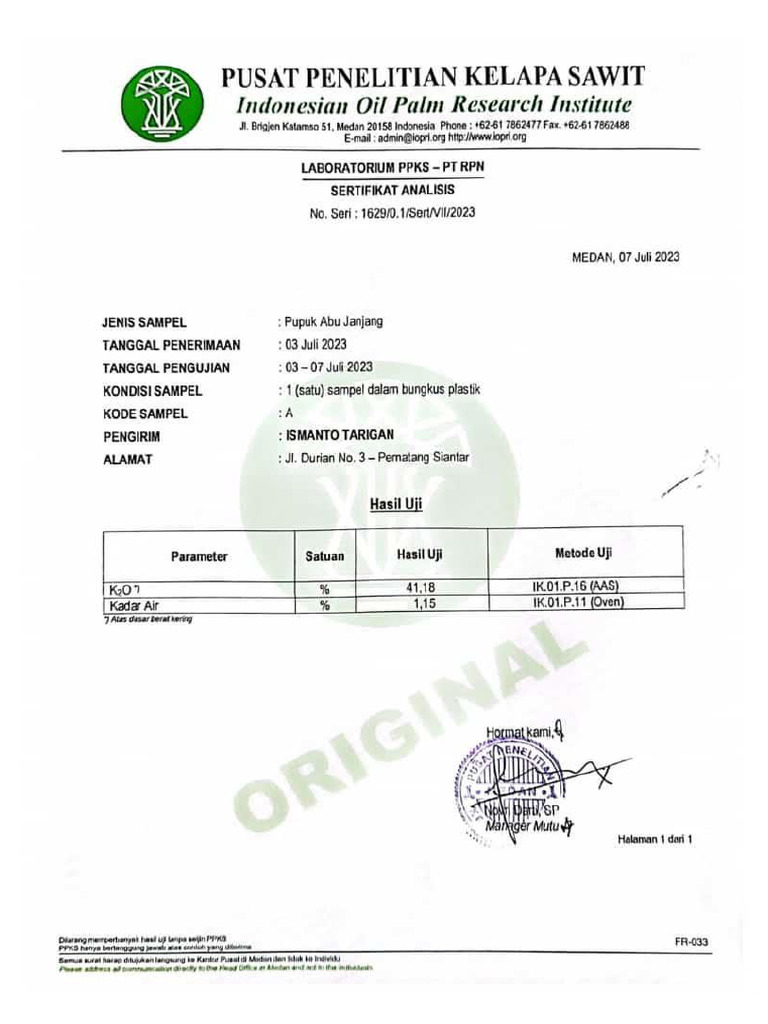 Hasil Uji Lab PPKS - Abu Jangkos | PDF