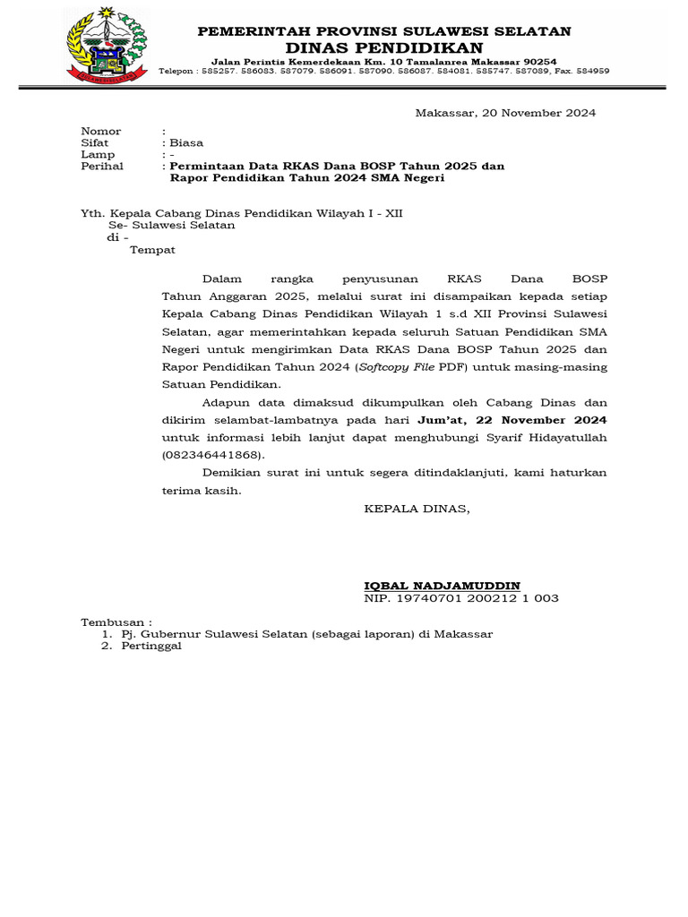 Surat Permintaan Data Rapor Pendidikan Dan Rkas 2025 | PDF