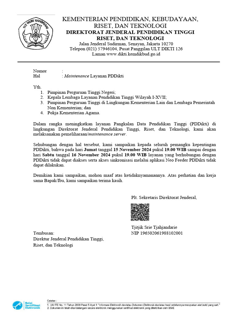 Surat Edaran - Downtime PDDikti 15-16 November 2024 | PDF