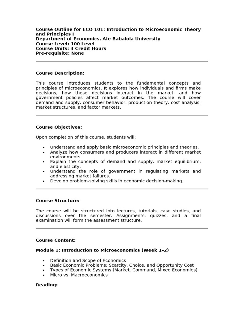 Course Outline For ECO 101 | PDF | Microeconomics | Supply And Demand