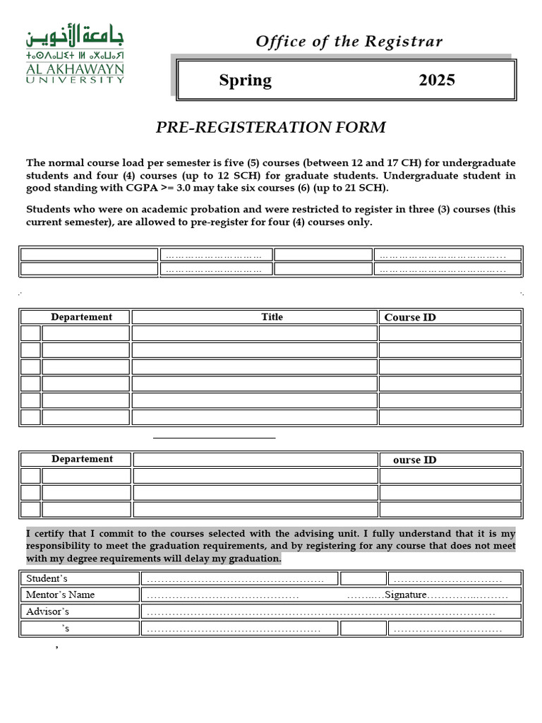 Preregistration Form Pdf
