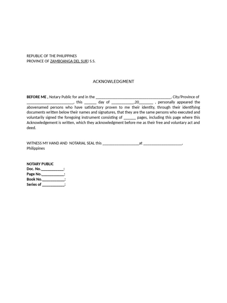 Notary Acknowledgment Template Philippines | PDF