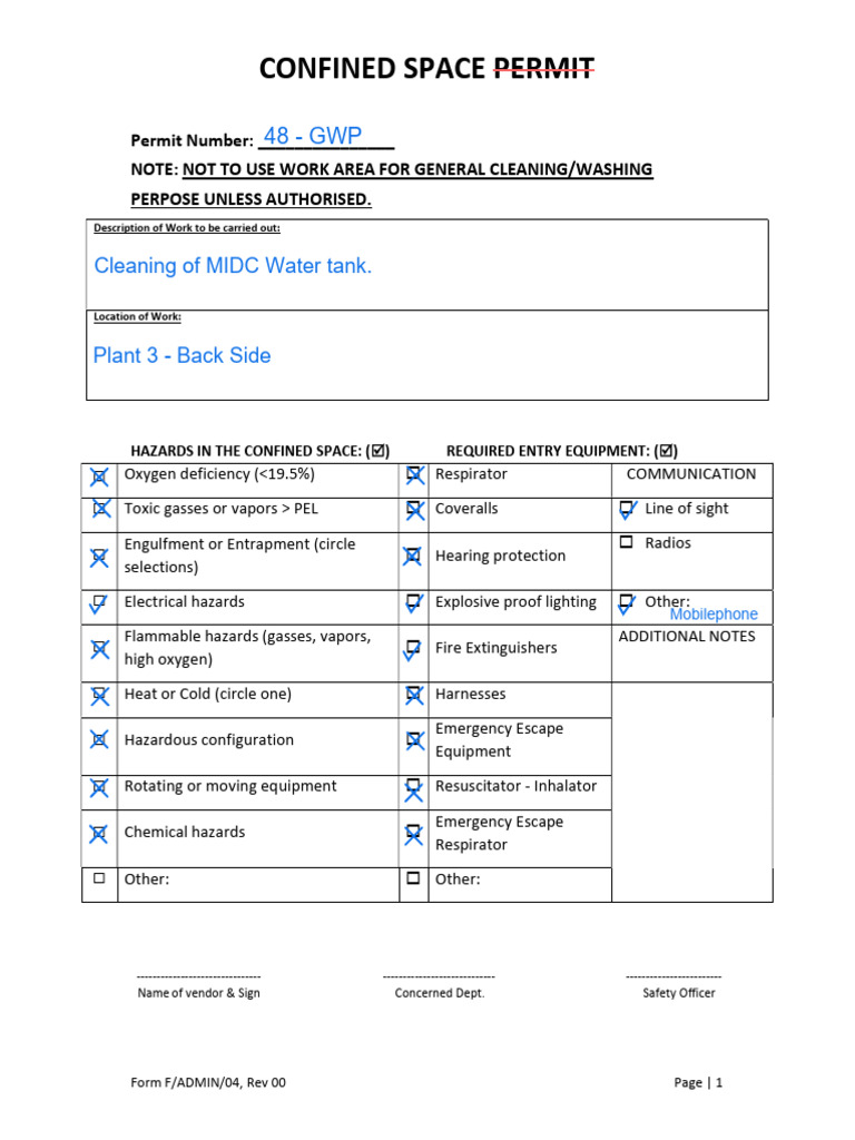Confined Space Entry Permit Form | PDF | Safety | Occupational Safety And Health
