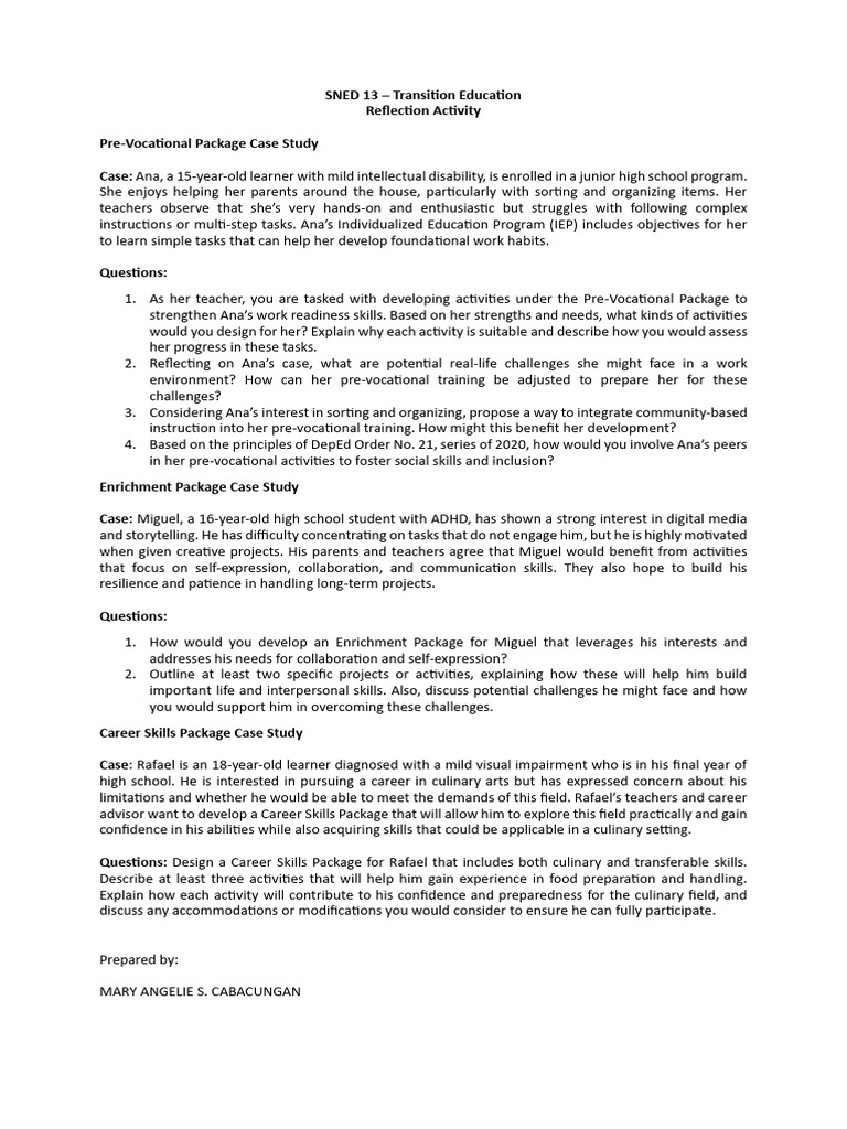 Reflection Activity Prevocational Career | PDF | Individualized Education Program | Behavioural ...