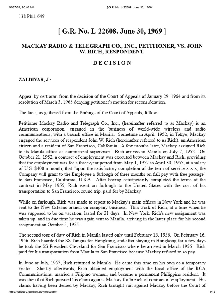 Mackay Radio v. Rich, G.R. No. L-22608. June 30, 1969 | PDF | Damages ...