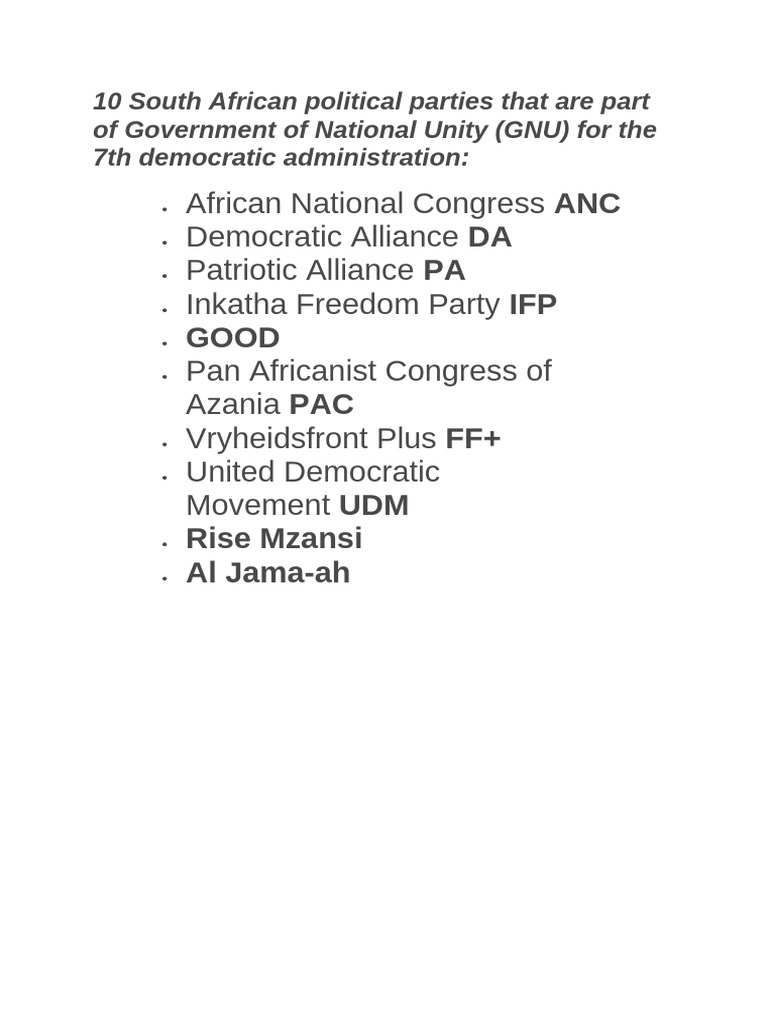 10 South African Political Parties That Are Part of Government of ...