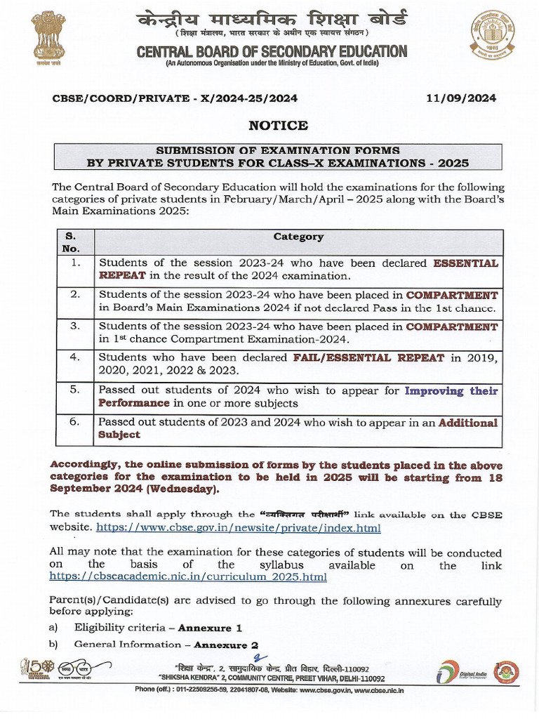 Submission Examination Forms Private Students Class X Examination 2025 ...