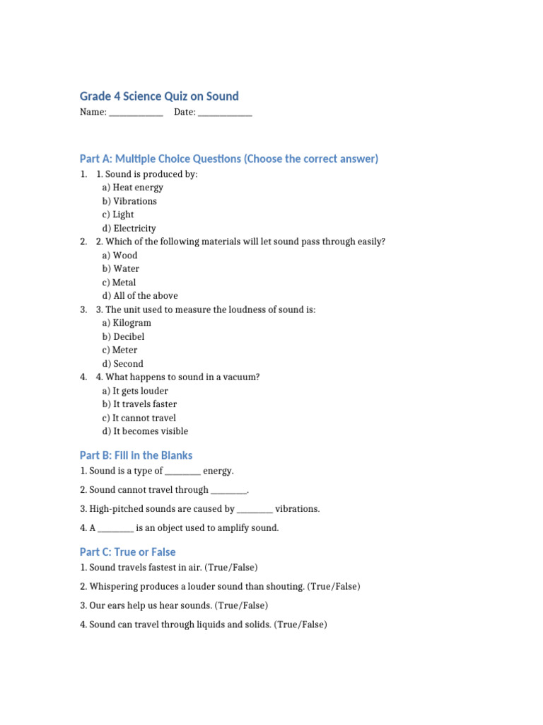 Grade 4 Sound Quiz Worksheet | PDF